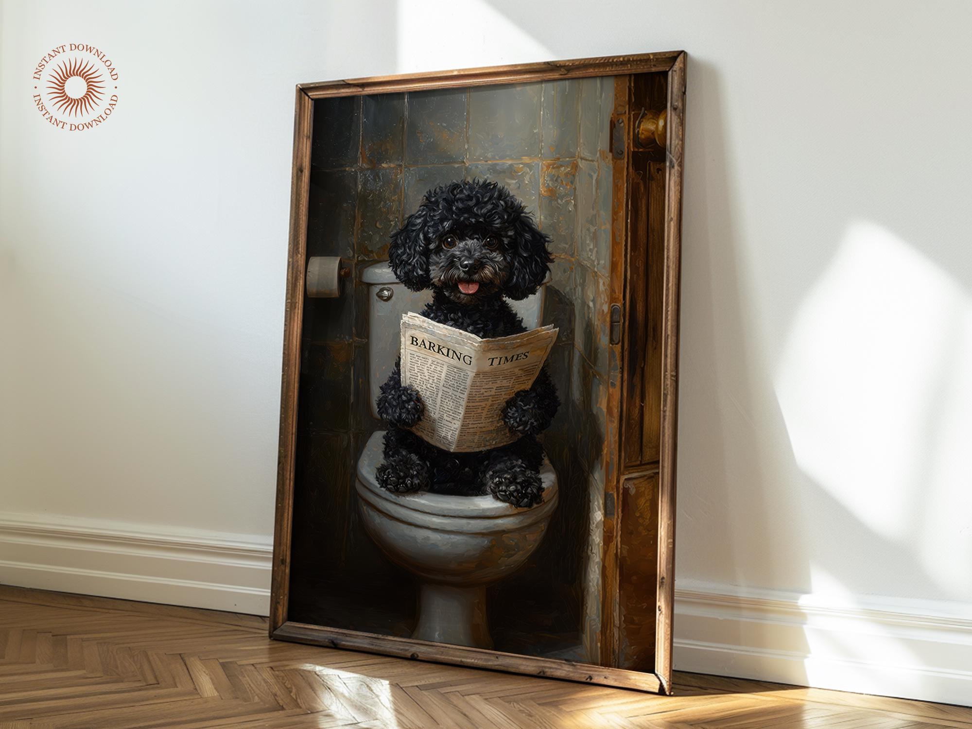 Black Poodle on Toilet Bathroom Print, Schwarzer Pudel Toilette, Quirky ...