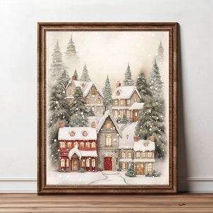 Watercolor Vintage Christmas Town Print, Snowy Winter Landscape Art ...