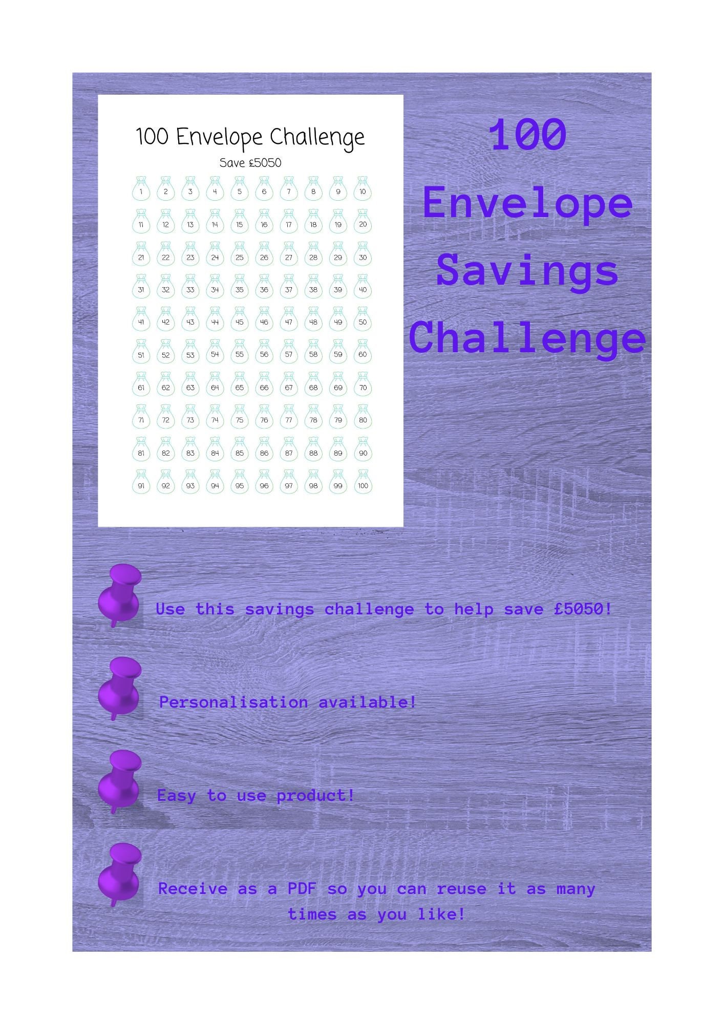 PRINTABLE PDF 100 Envelope Challenge Digital Download - Etsy
