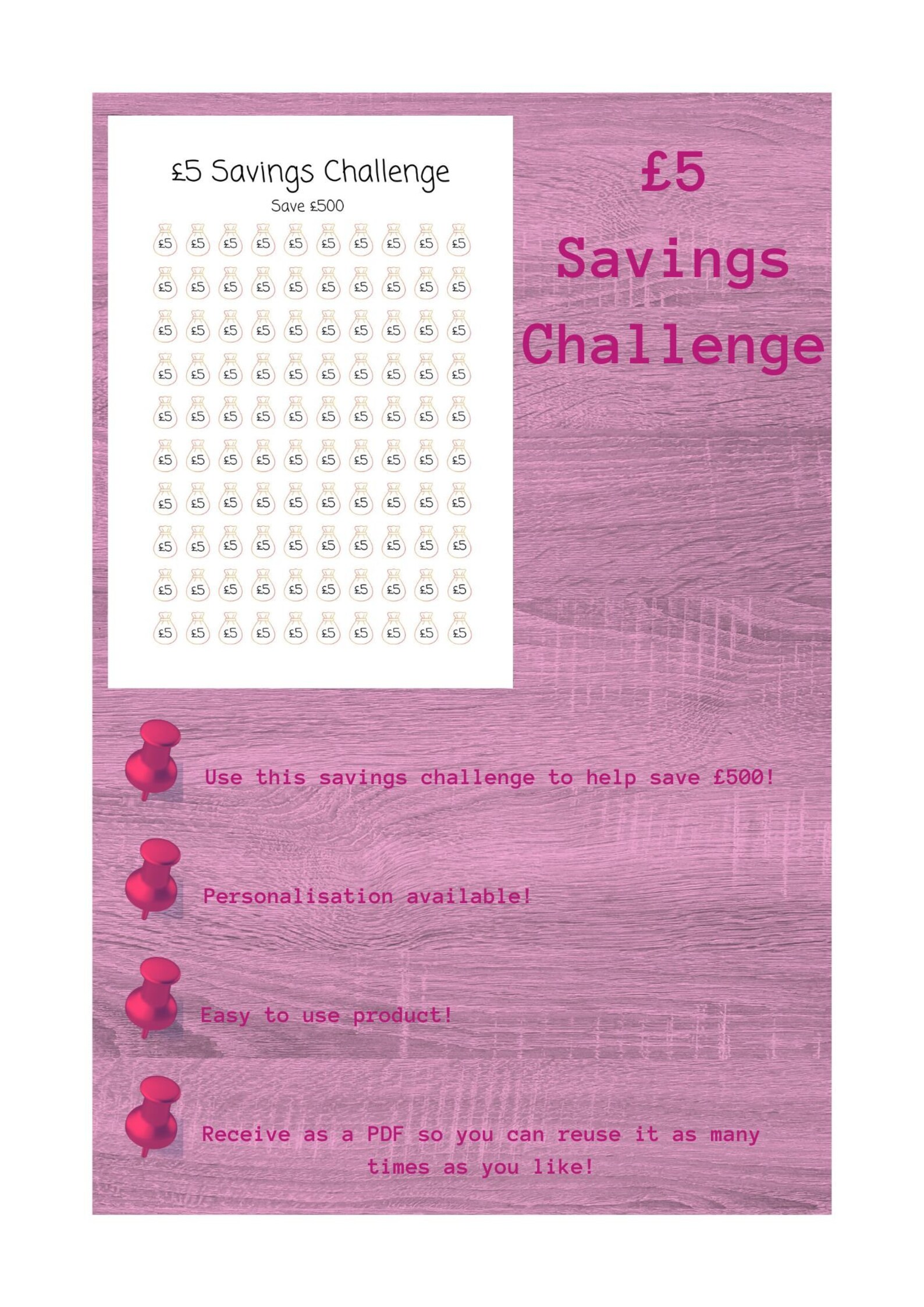 PRINTABLE PDF 5 Pounds Savings Challenge - Digital Download - Etsy