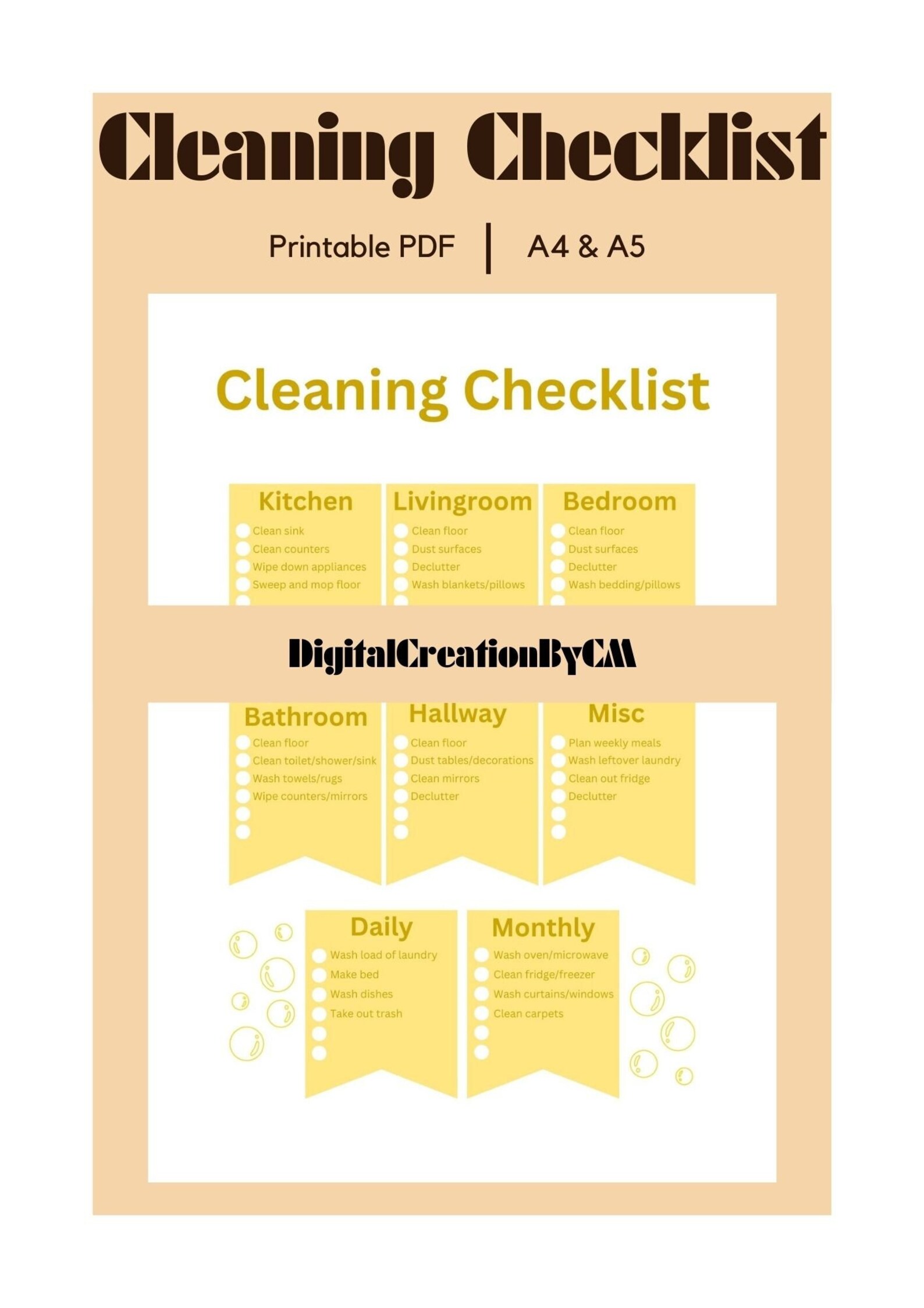 PRINTABLE PDF Cleaning Checklist - Digital Download - Etsy