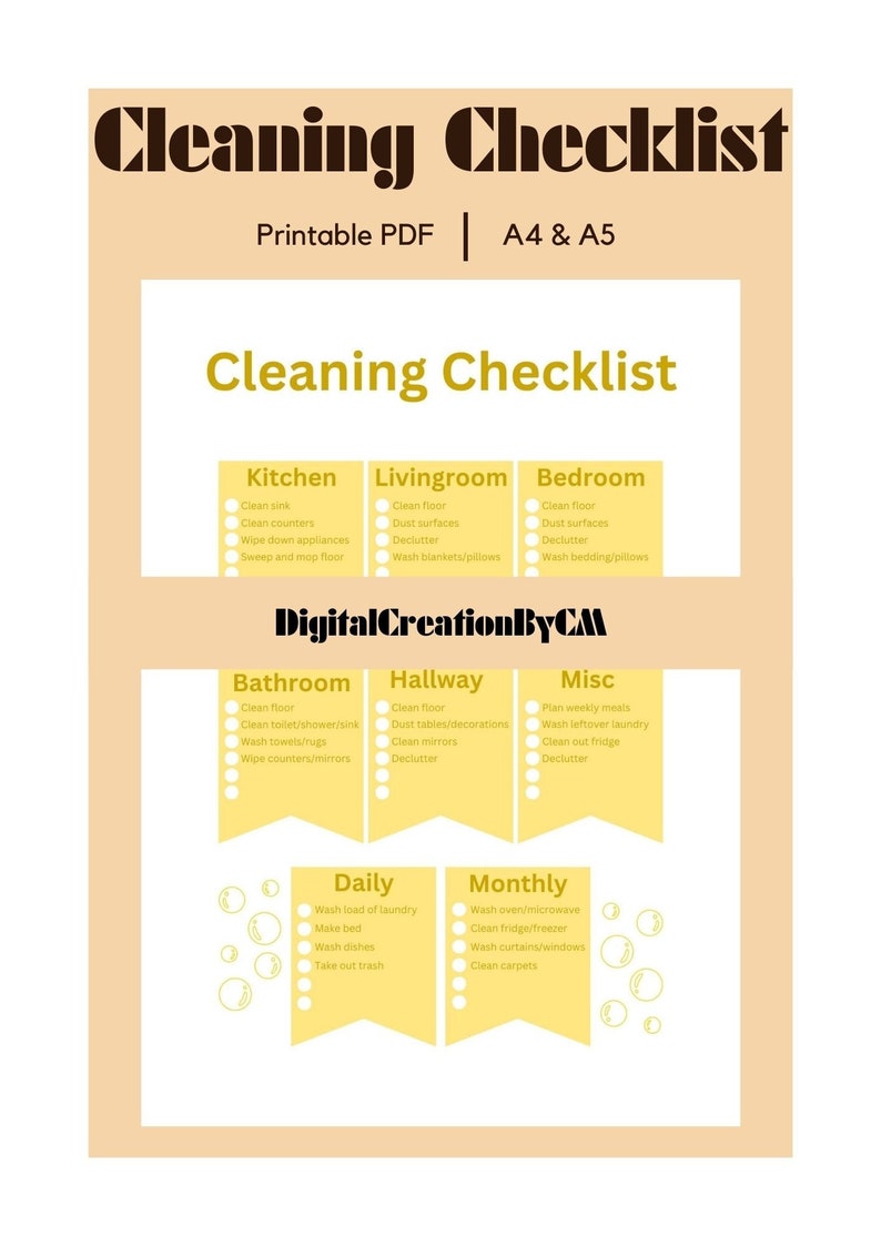 PRINTABLE PDF Cleaning Checklist - Digital Download - Etsy