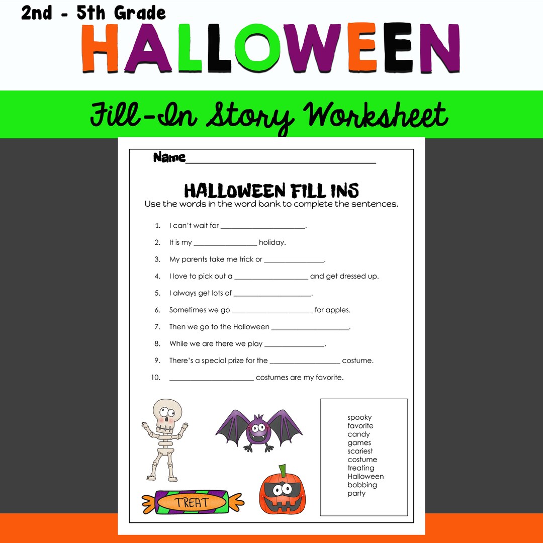2nd 5th Grade Halloween Story FILL INS Worksheet, Activity ...