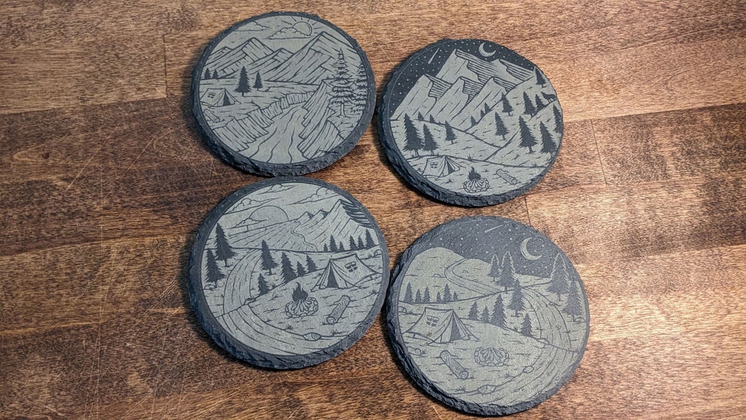 Engraved Slate Coasters - Mountain Scene - Set of 4 - Engraved Coasters ...