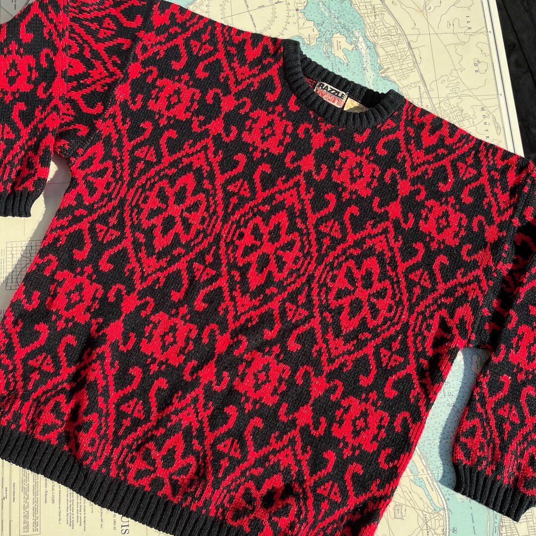 Vintage Razzle Dazzle Metallic Red and Black Geometric Knit Sweater - Etsy