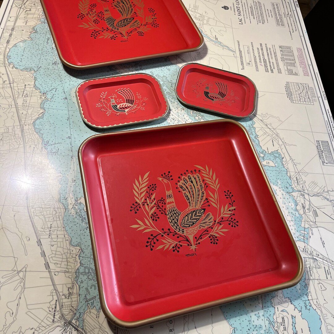 Vintage Maxey Red Rooster MCM Tray Set 4 - Etsy