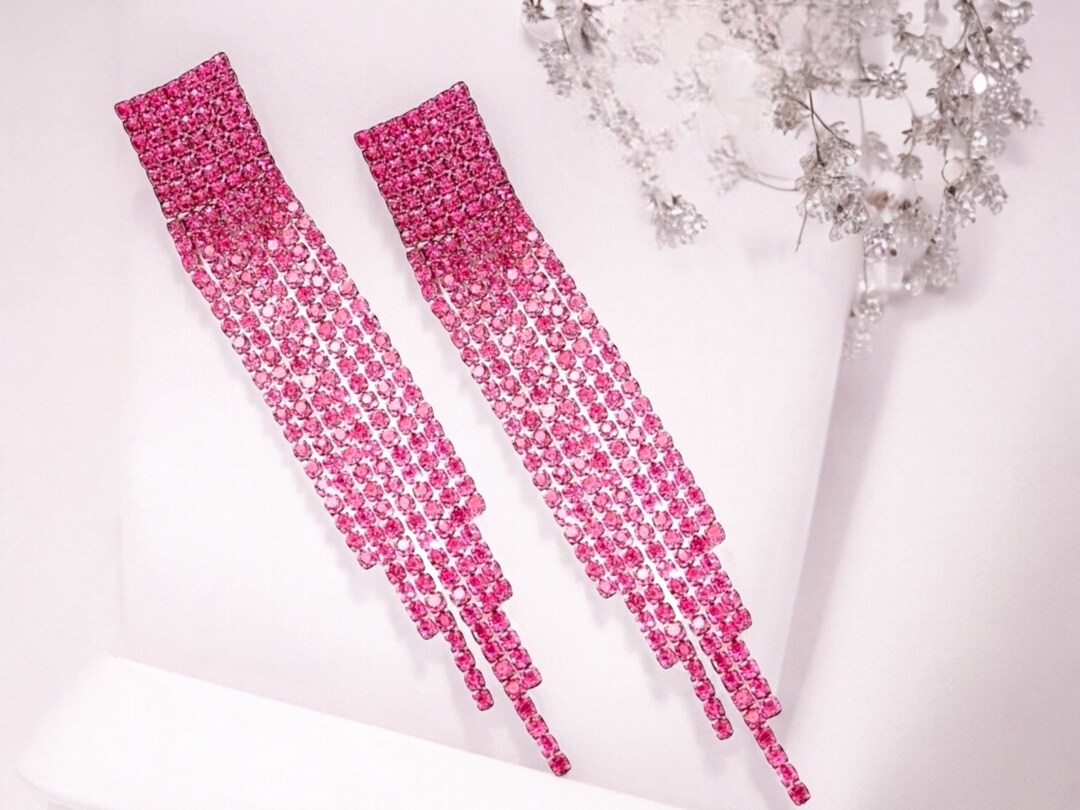 Hot Pink Statement Long Drop Diamante Crystal Stud Earrings Pink ...