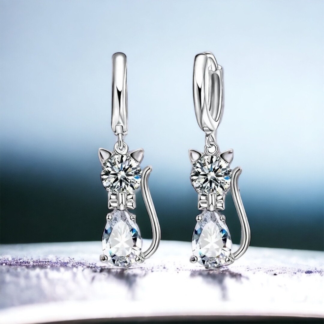 925 Sterling Silver Cubic Zirconia Cat Earrings Jewellery Hoop - Etsy