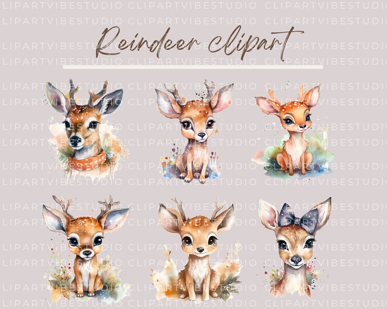 30 Watercolor Reindeer Clipart PNG Christmas Animal Watercolor - Etsy