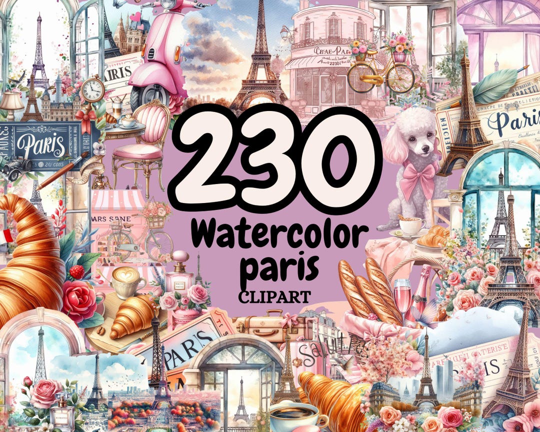 230 Watercolor Paris Clipart, Romantic Paris, Big Bundle, Wall Art ...