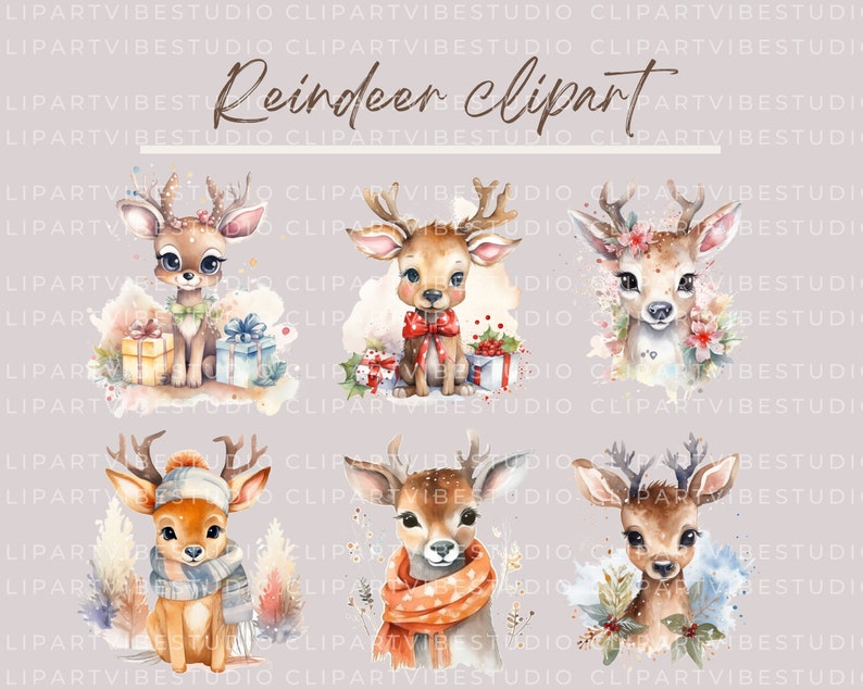 30 Watercolor Reindeer Clipart PNG Christmas Animal Watercolor - Etsy