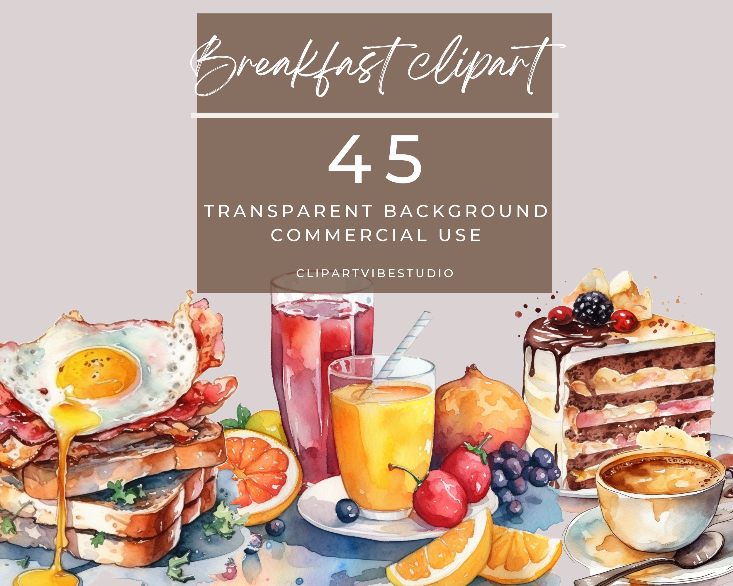 45 WATERCOLOR BREAKFAST CLIPAR Croissant Pancake Sandwich Coffee Food ...