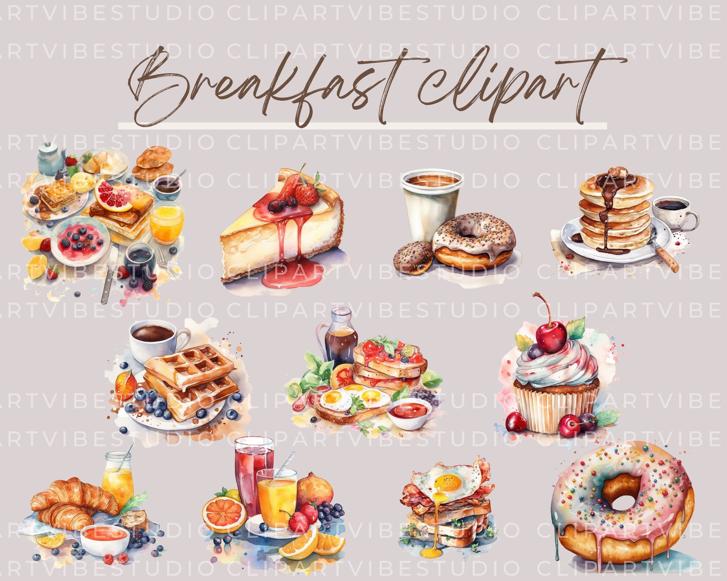 45 WATERCOLOR BREAKFAST CLIPAR Croissant Pancake Sandwich Coffee Food ...