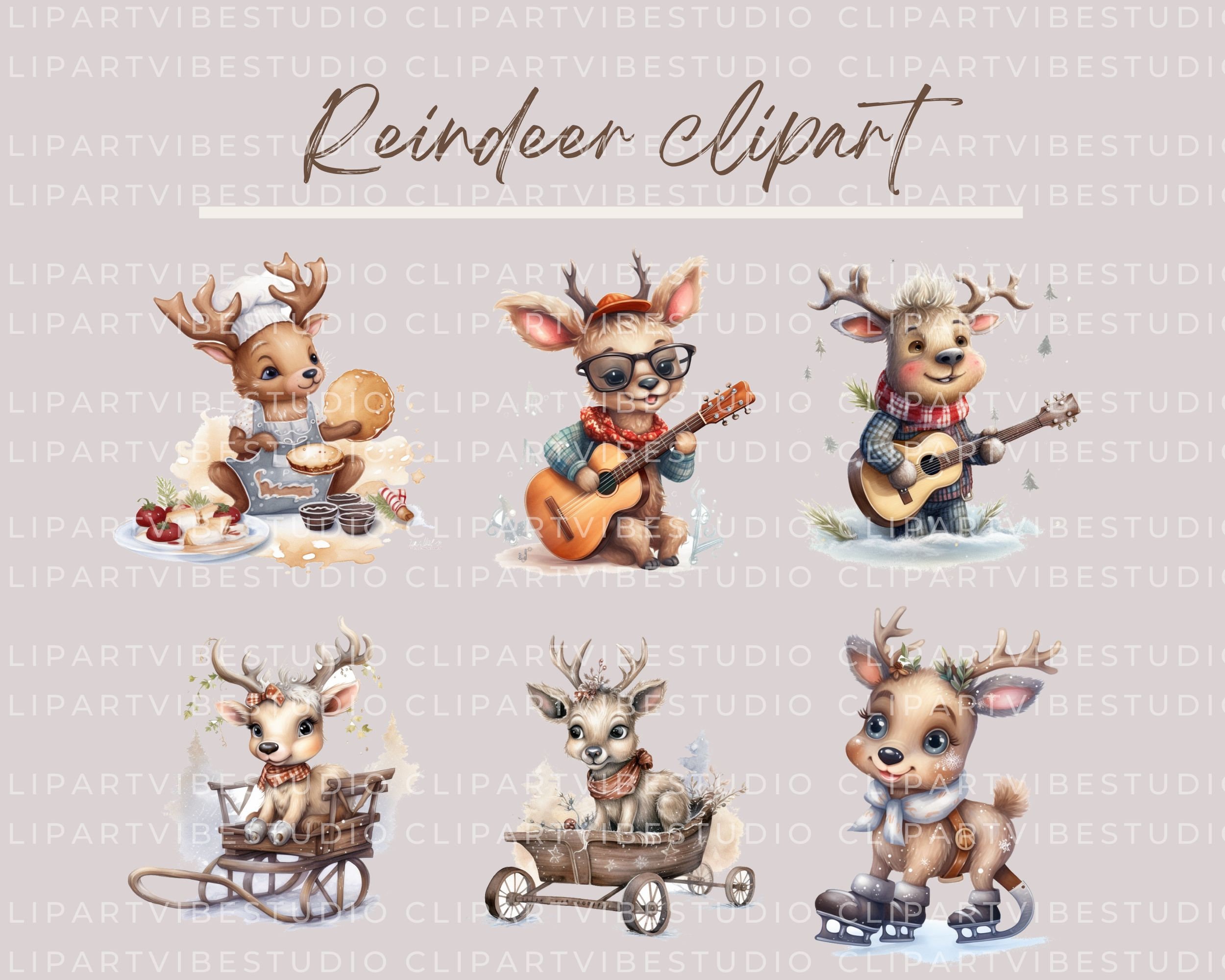 24 Watercolor Reindeer Clipart PNG Christmas Animal Watercolor - Etsy