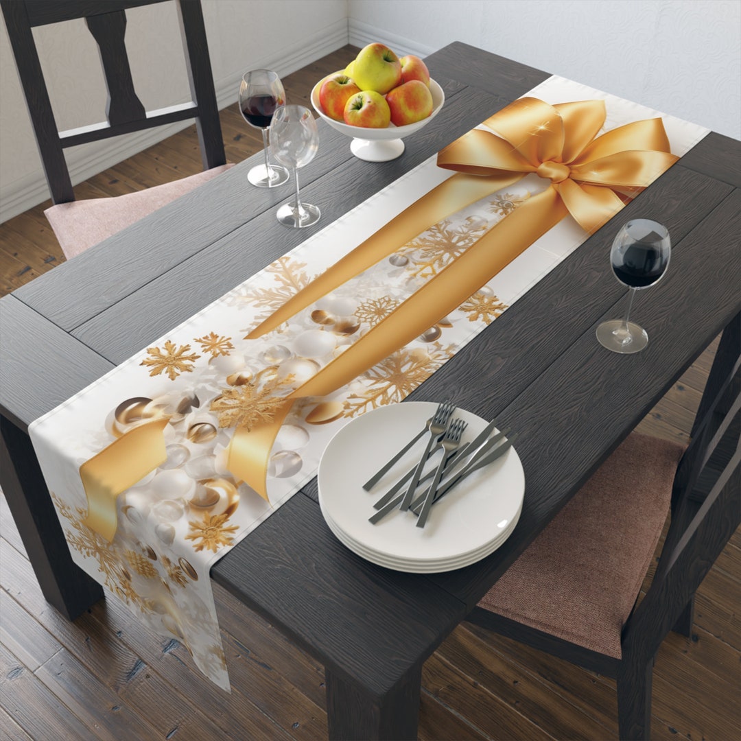 Glamorous White Christmas Table Runner: Gold Bow Snowflakes - Etsy