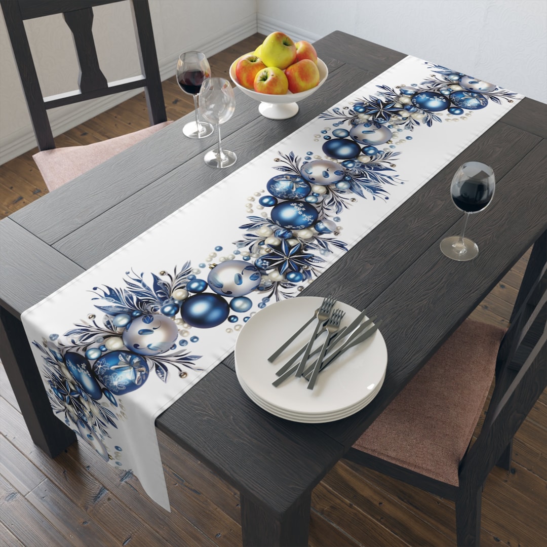 Chic White Christmas Table Runner With Silver and Blue Garland - Etsy