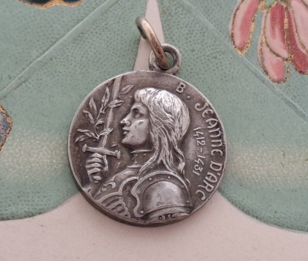 Saint Joan of Arc Pius X Vintage French Silver Plated Medal Pendant Charm Christian Gift ...