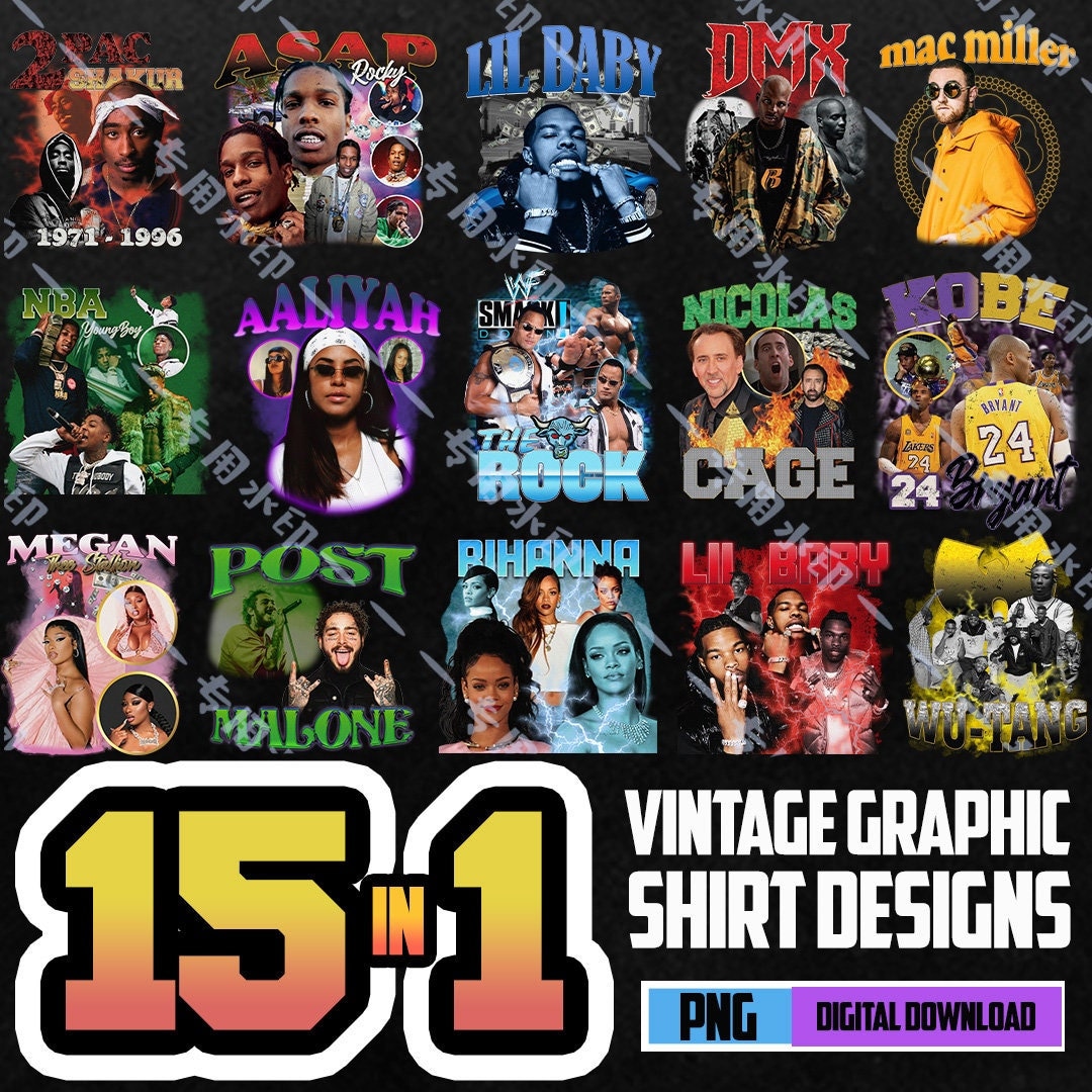 15 PACK Vintage Graphic Rap Tees PNG, Digital Download, Shirt Designs ...