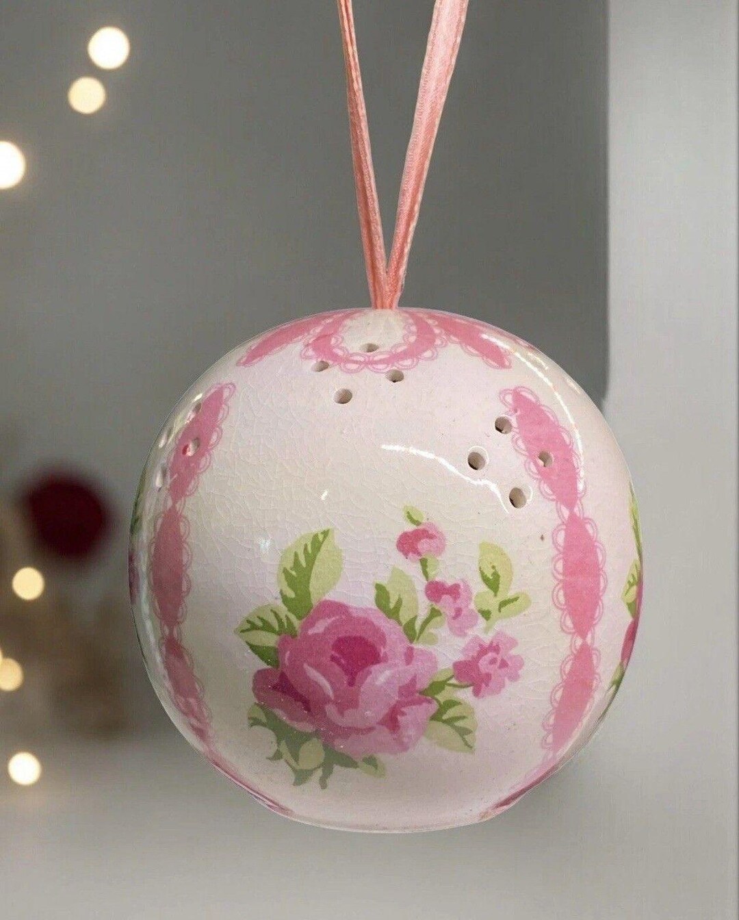 Vintage Ceramic Pomander Hanging Ball Pink Rose Floral Potpourri Sachet ...