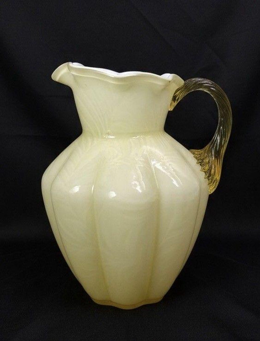 VTG Fenton Buttercup Yellow Fern Optic Overlay Glass Pitcher Small 5.5 ...