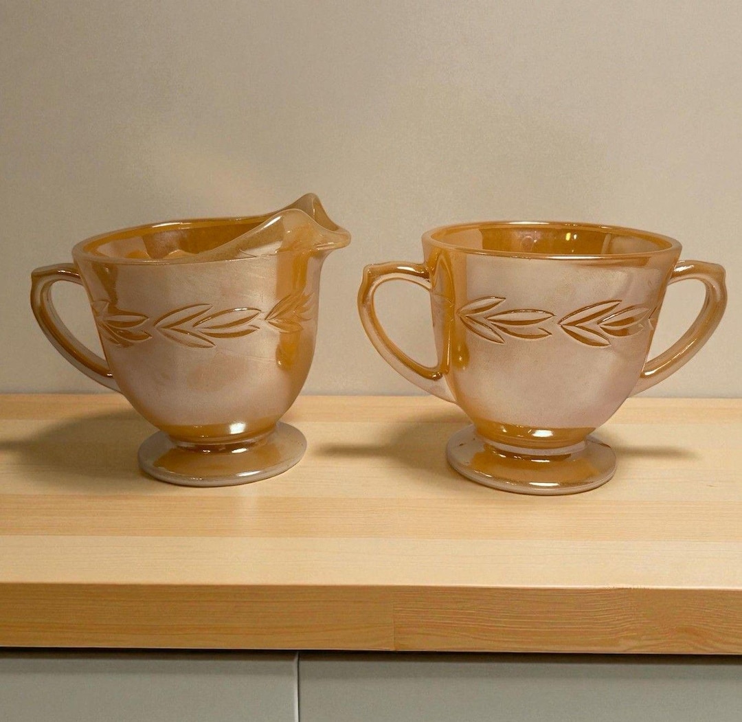 Vintage Fire King Peach Luster Laurel Leaf Design Sugar and Creamer Set ...