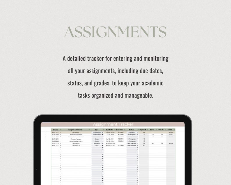 Assignment Tracker Spreadsheet, Google Sheets Template, Green Homework ...