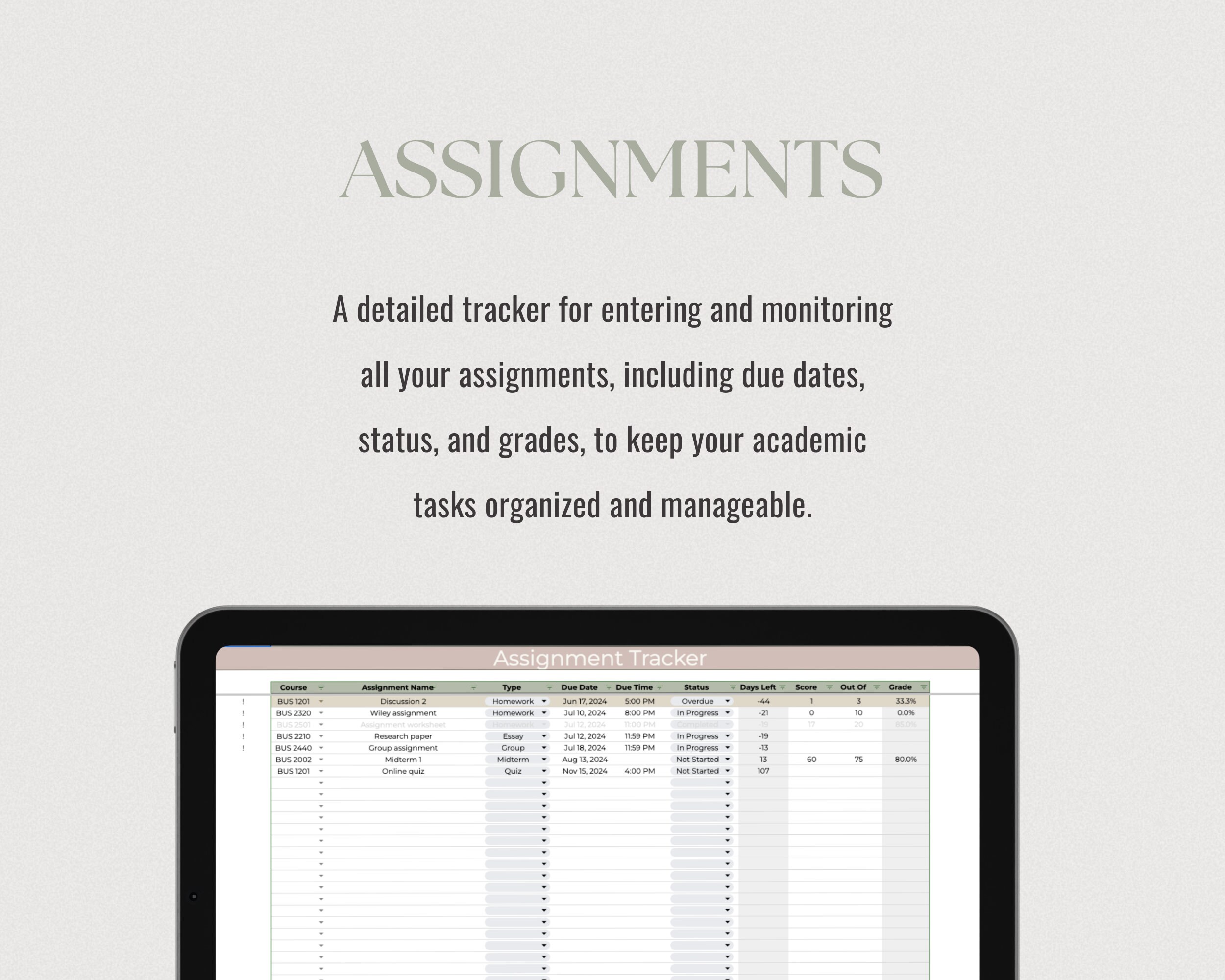 Assignment Tracker Spreadsheet, Google Sheets Template, Green Homework ...