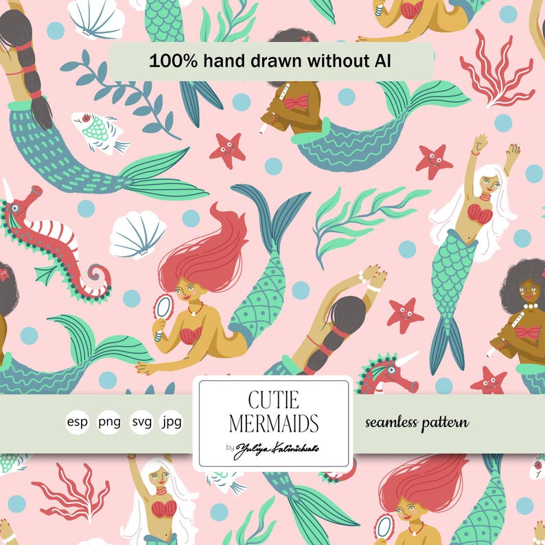 Mermaid Nautical Pink Seamless Pattern: Floral SVG Vector (light ...