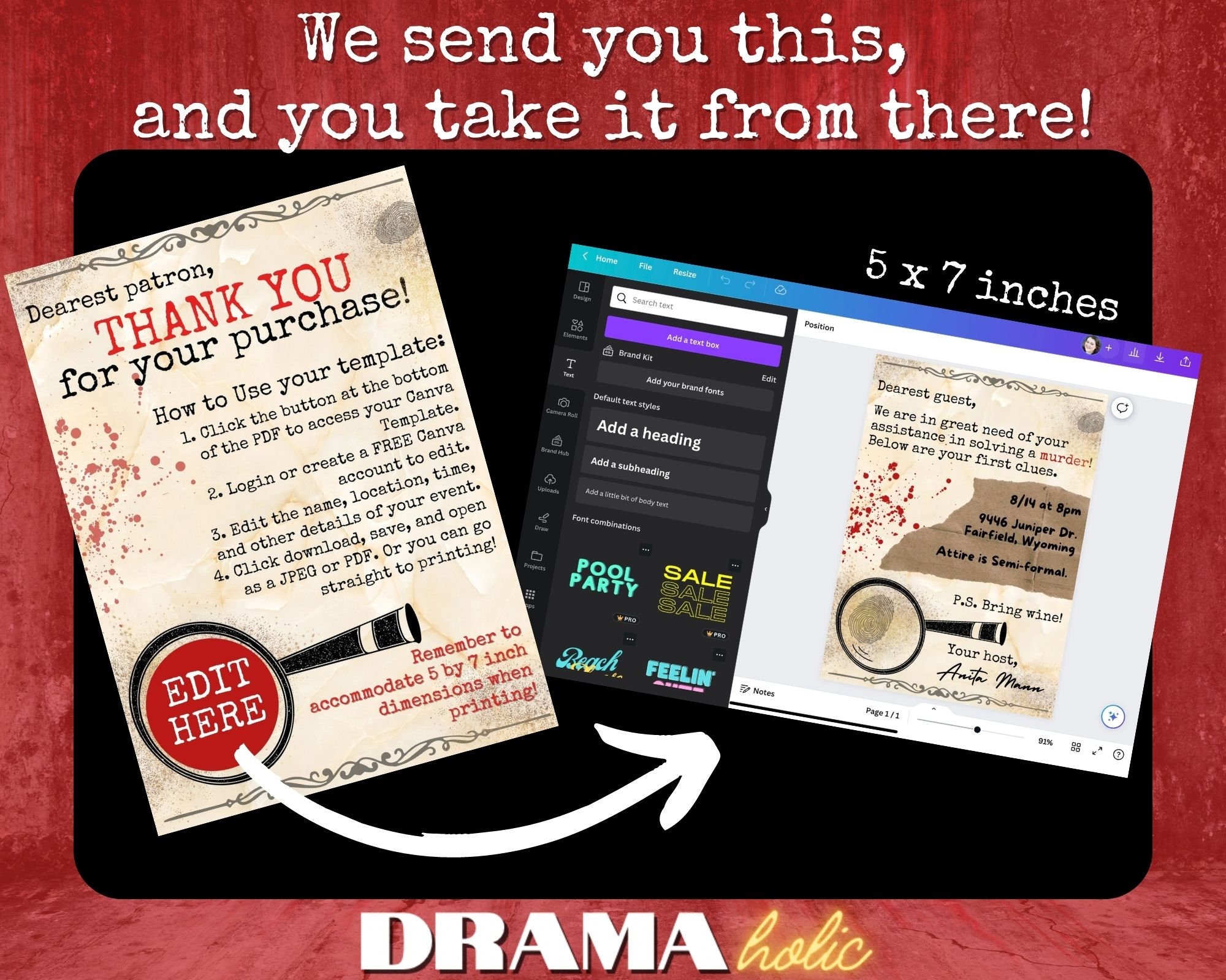 Murder Mystery Party Invitation Canva Template | Clue Note Fingerprint ...