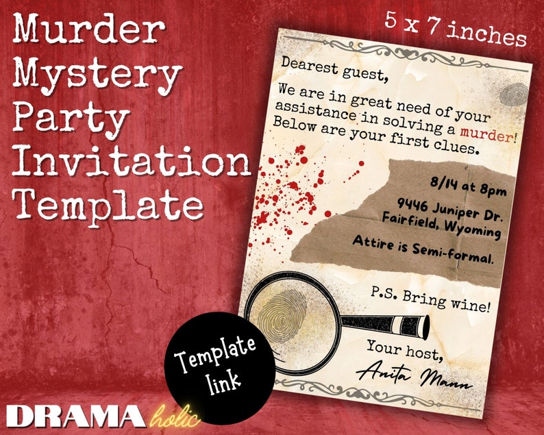 Murder Mystery Party Invitation Canva Template | Clue Note Fingerprint ...