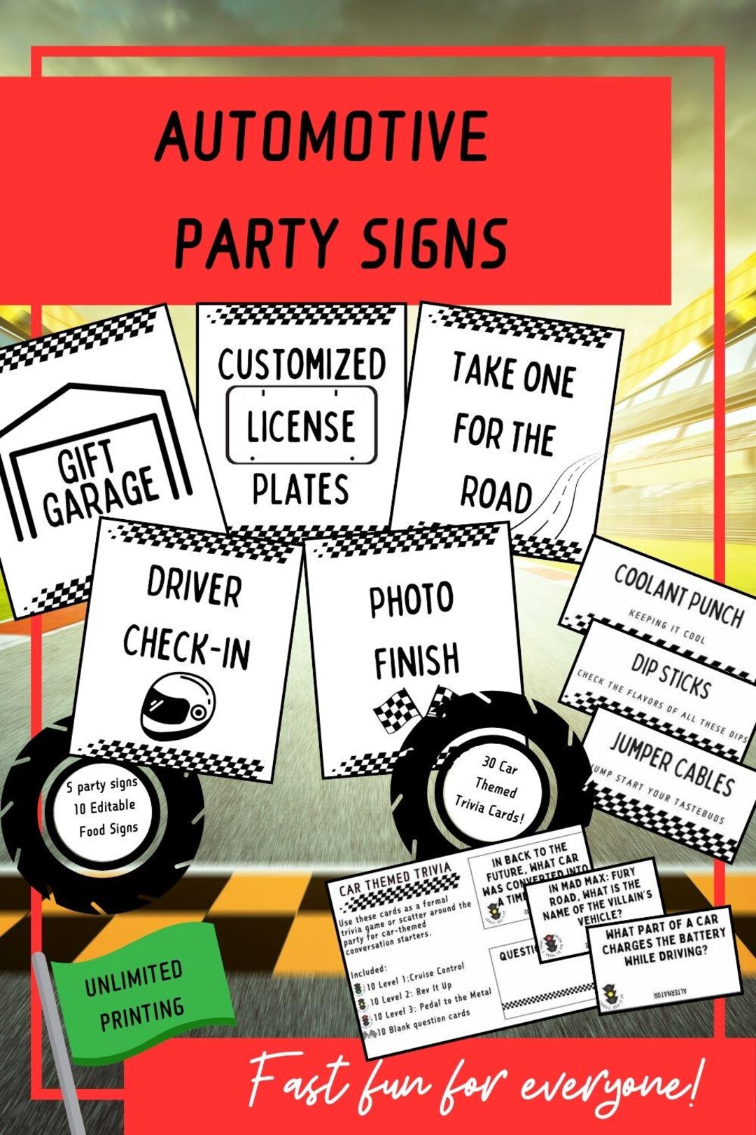 Car Party - Fast Signs for Food, Party & Trivia - Etsy