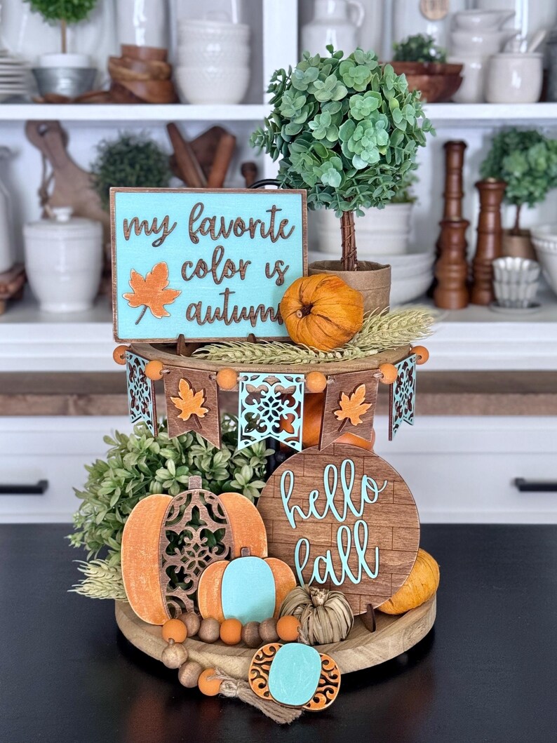 Fall Teal Tiered Tray Decor, Farmhouse, Thanksgiving, Autumn Decor ...
