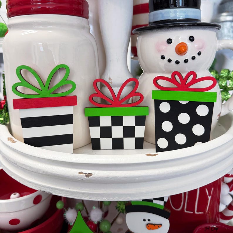 Snowman Tiered Tray Decor, Christmas, Winter, Black & White Checkered ...