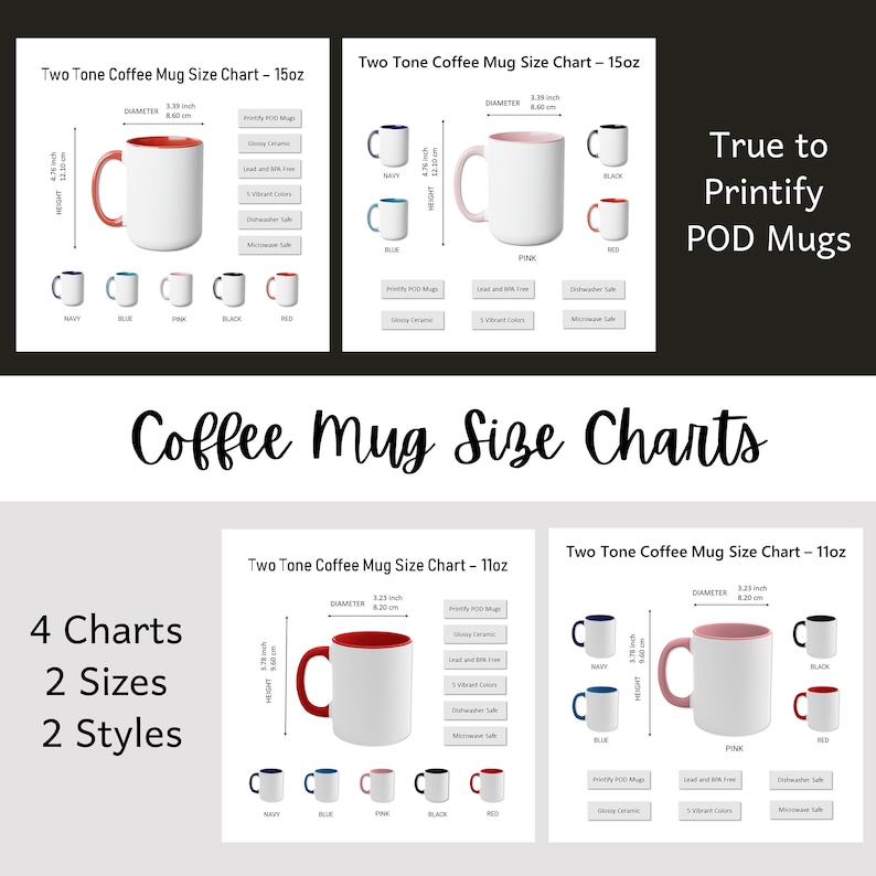 Size Chart Bundle for Two Tone Coffee Mugs 15oz 11oz Coffee Cups Size ...