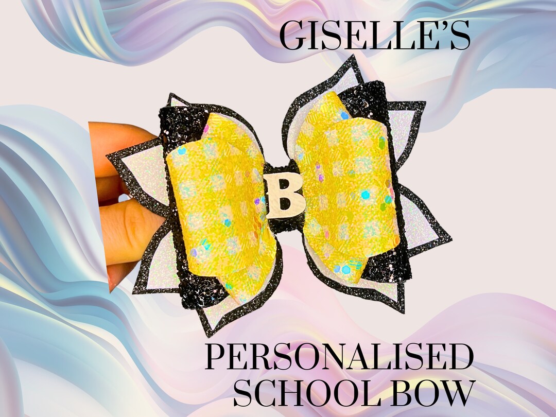Personalised Yellow School Uniform Hair Bow, Glitter Hair Bow, Girls ...