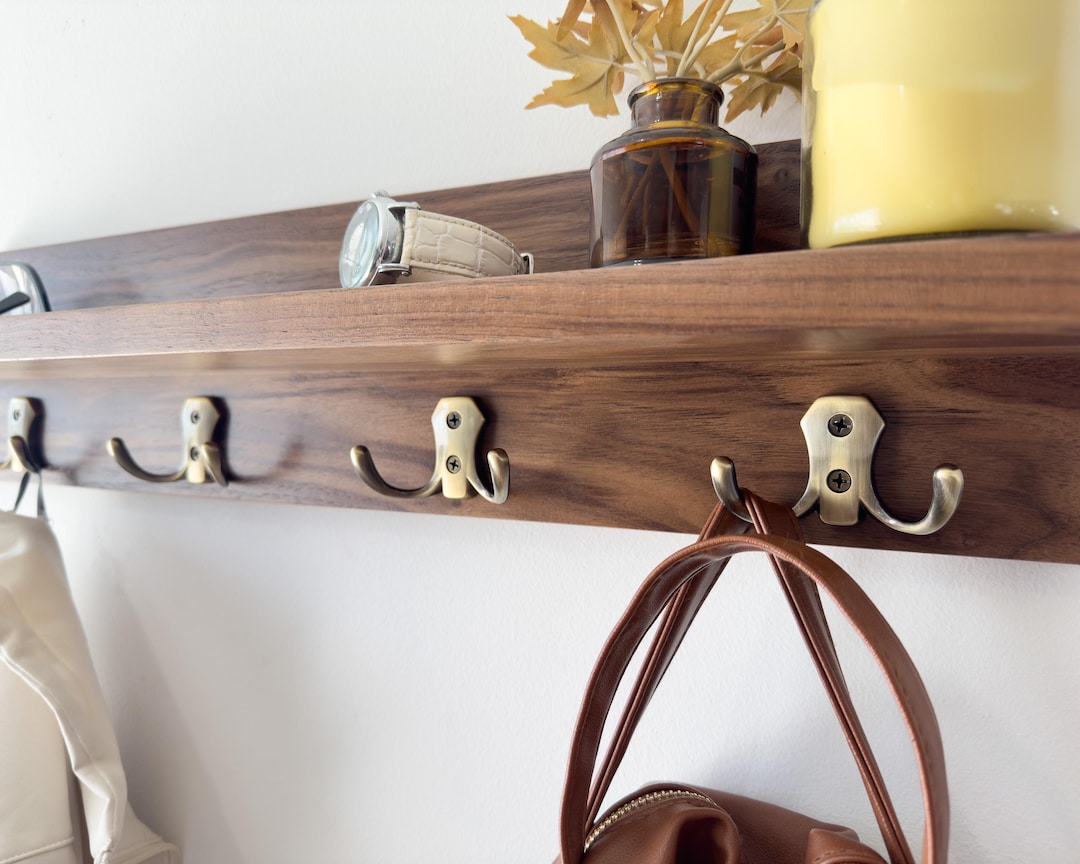 Walnut Coat Hooks With Shelf, Walnut Coat and Key Rack, Wood Hanging ...