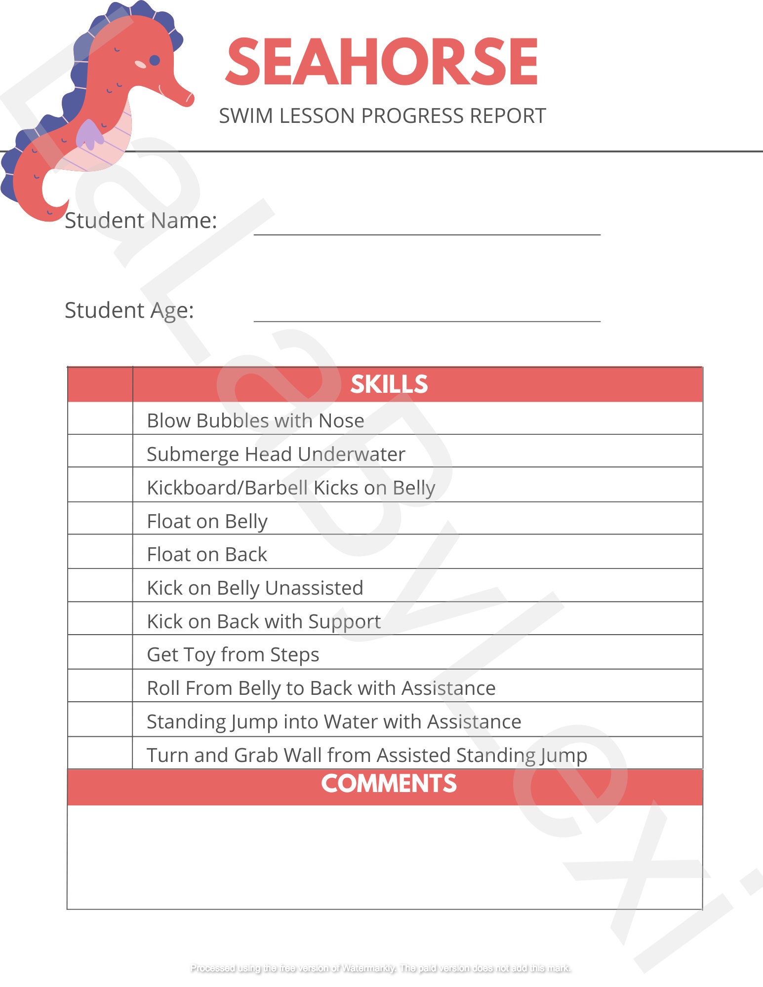Swim Lesson Progress Report Cards for Kids - Etsy