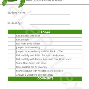 Swim Lesson Progress Report Cards for Kids - Etsy