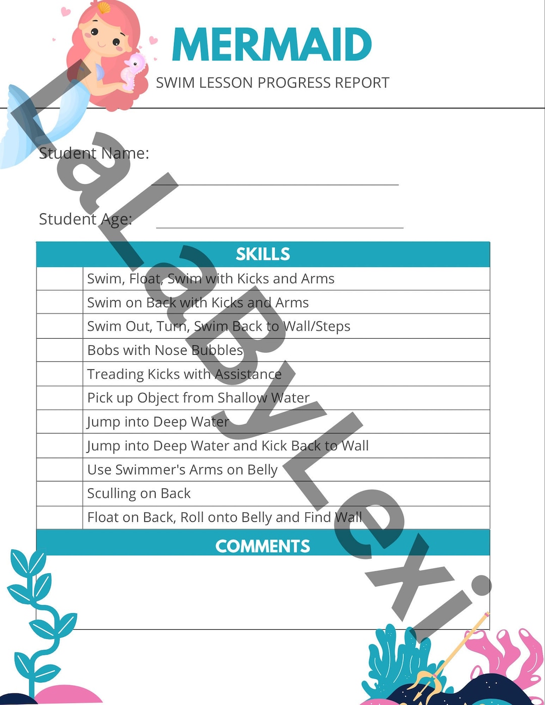 Swim Lesson Progress Report Card for Kids Mermaid Theme - Etsy