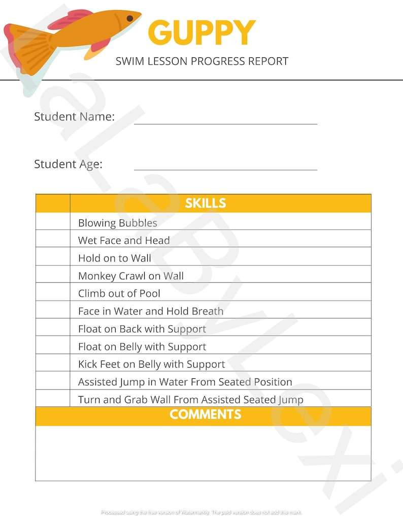 Swim Lesson Progress Report Cards for Kids - Etsy