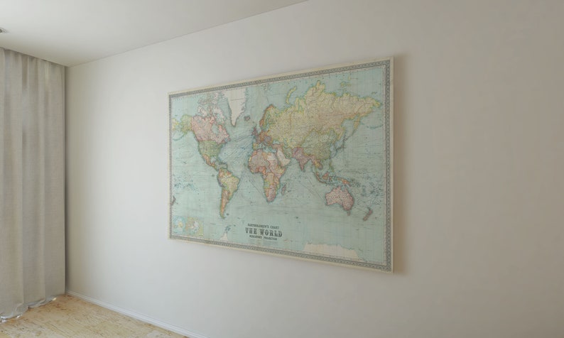 Vintage 1914 World Map, Bartholomew's Chart of the World on Mercator's ...