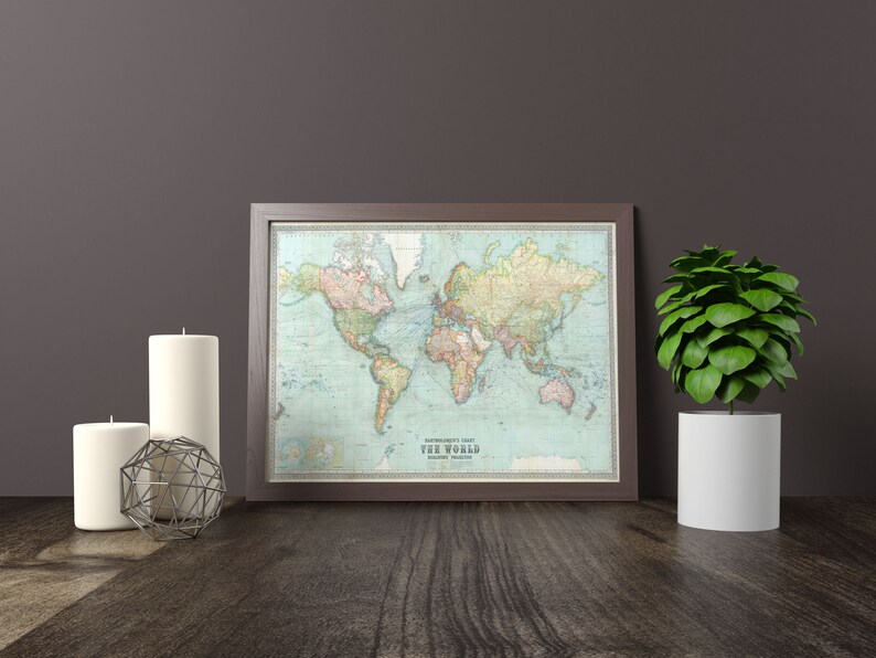 Vintage 1914 World Map, Bartholomew's Chart of the World on Mercator's ...