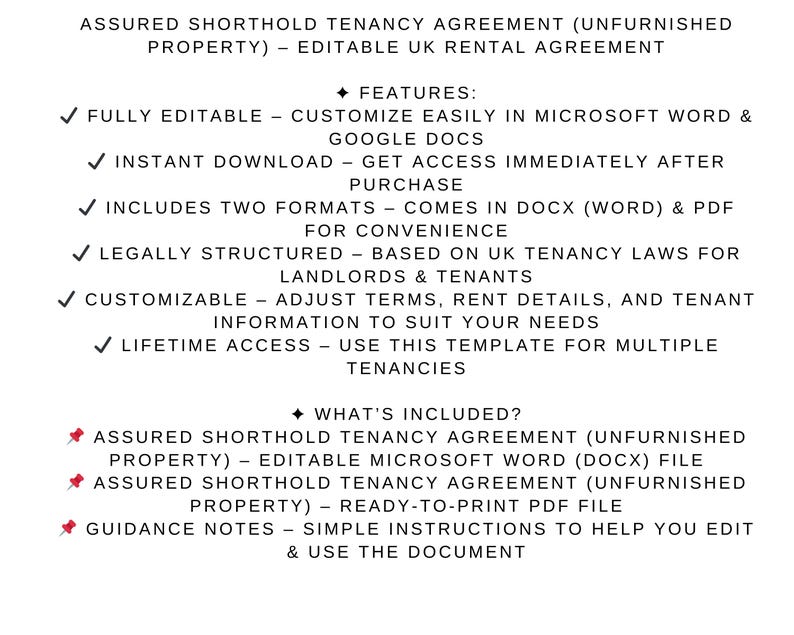 Assured Shorthold Tenancy Agreement (unfurnished) | Editable Rental ...