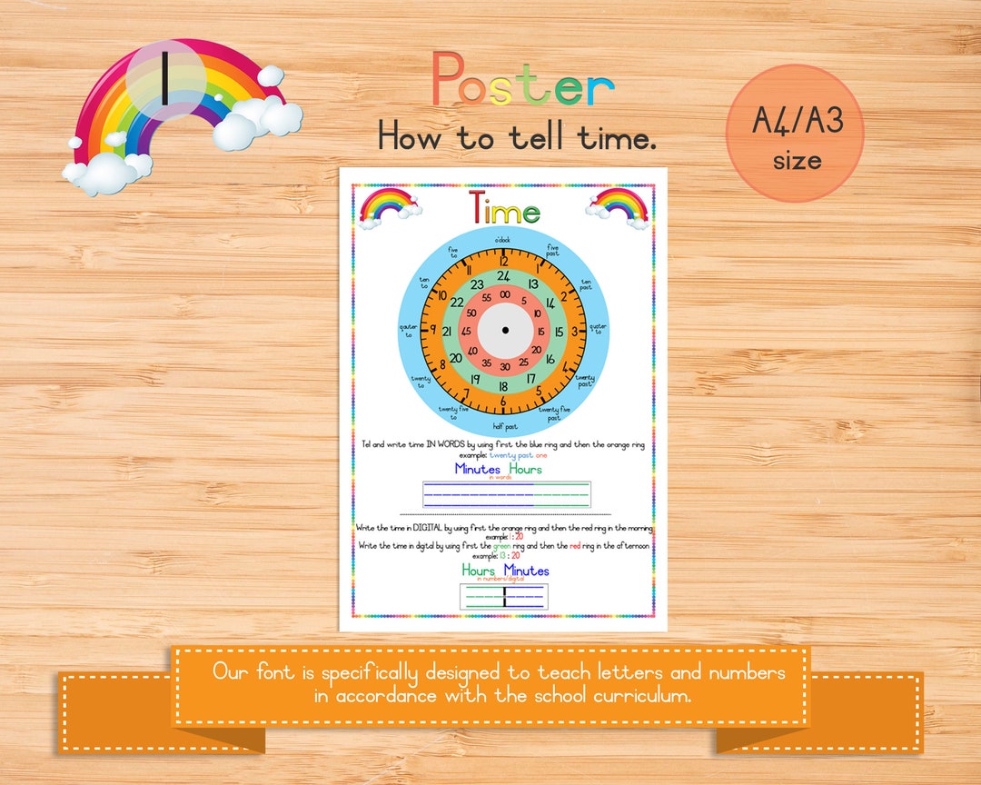 How to Tell TIME Posters, Time in Words, Time Digital, Draw Face Hand ...