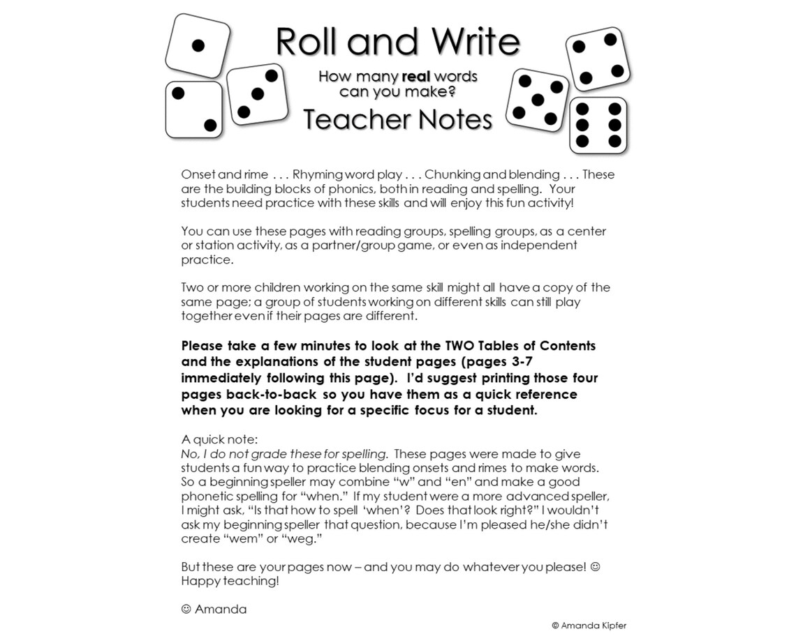 Onset and Rime Roll and Write: Blending and Chunking Words - Etsy