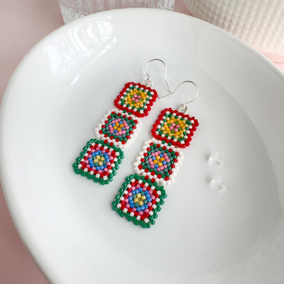 Beaded Granny Square Earrings: Japanese Seed Bead Sterling Silver Wires ...