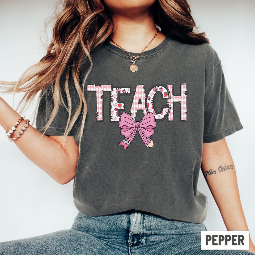 Comfort Colors Strawberry Teacher Shirt, Cute Coquette Bow Teach Tshirt ...