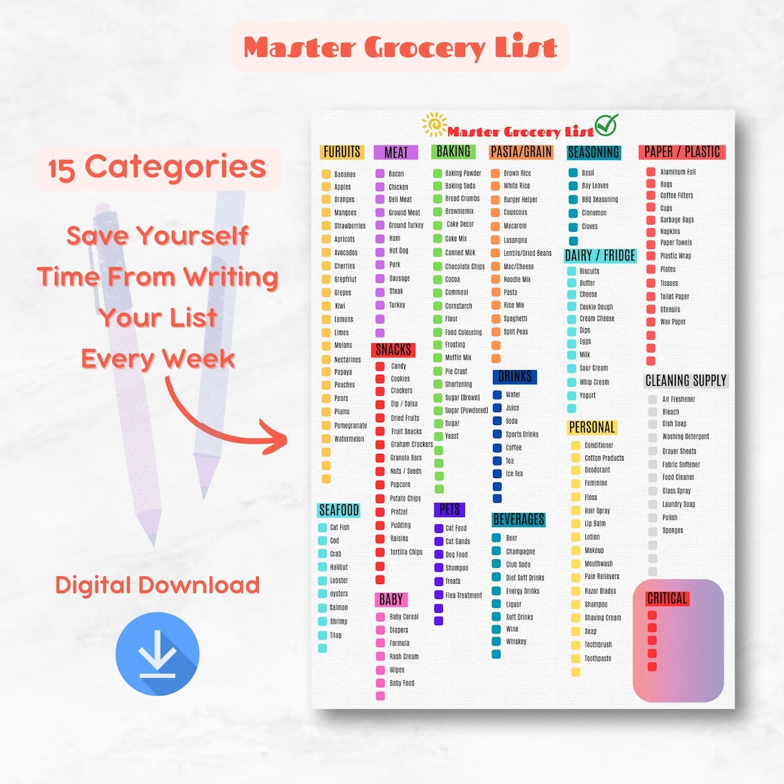 Editable and Printable Master Grocery List, Online Shopping List ...