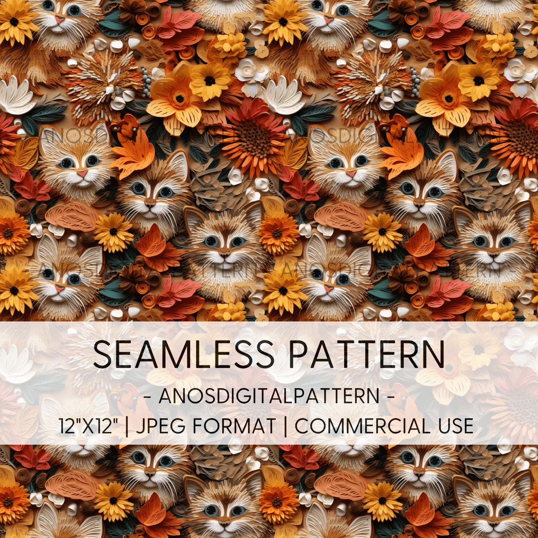 Seamless File - Fall Cats and Flowers - JPEG - Seamless Pattern ...