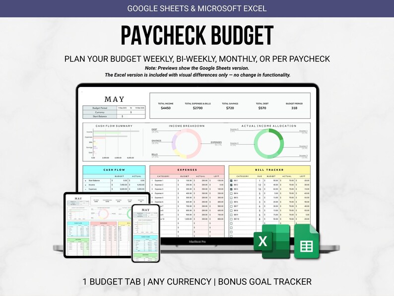 Paycheck Budget Planner: Google Sheets & Excel Spreadsheet (digital ...